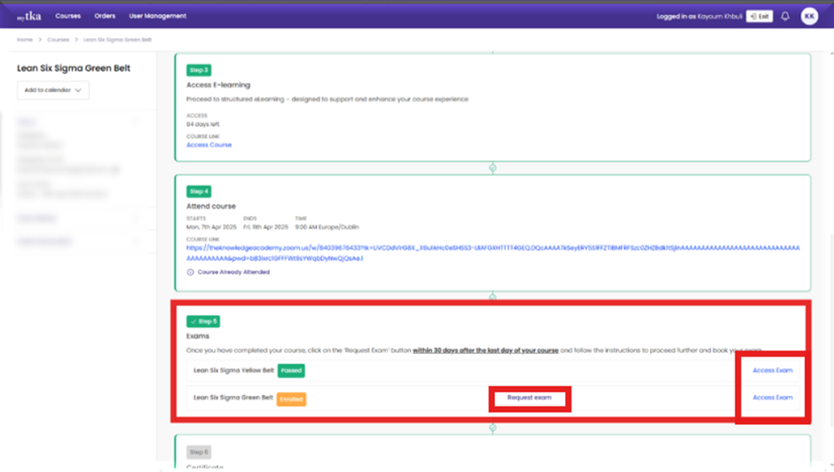 How to Request my Exam after attending the course